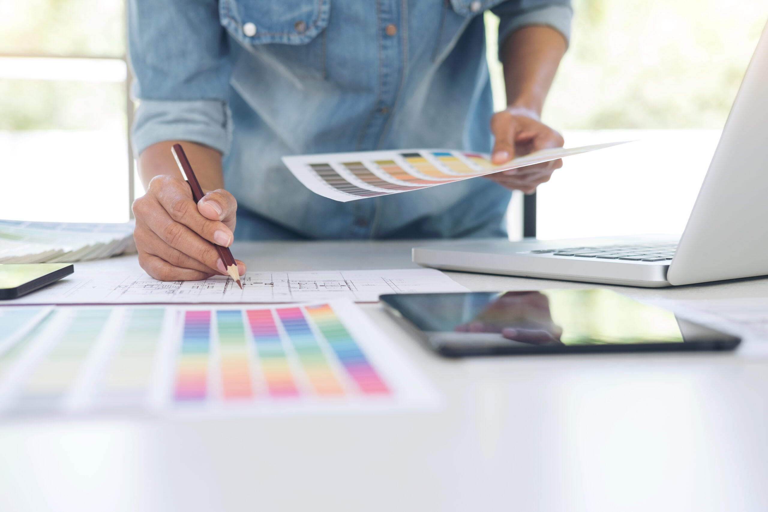 Creative creativity graphic designer working with graphics table ...
